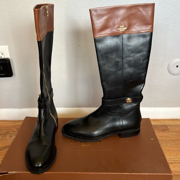 Coach | Shoes | Coach Eva Knee High Boots Black Brown Nwt | Poshmark